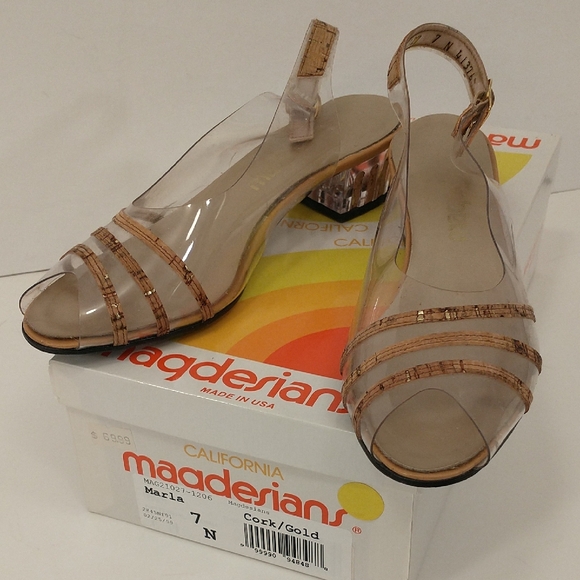 Vintage | Shoes | 999 Cork Gold Clear Sling Back Low Heels Usa Made Ca ...